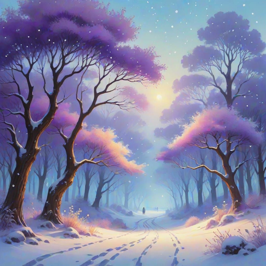 leafy purple trees in a snowscape - Whimsical Purple Trees i...