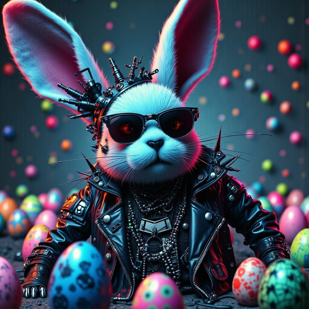 : A cyberpunk Easter Bunny hacker, clad in neon-lit gear, navigating a ...