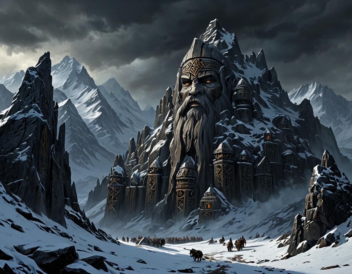 Dwarven Kings Carved into Mountain Rock in Dark Wa... - AI Art