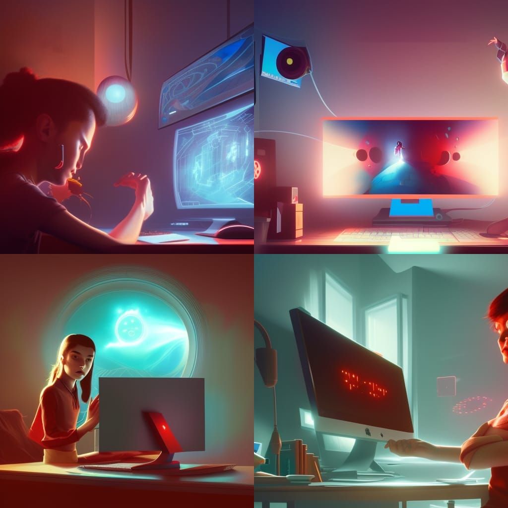 Teenager with a computer monitor with imaginative and trippy elements ...