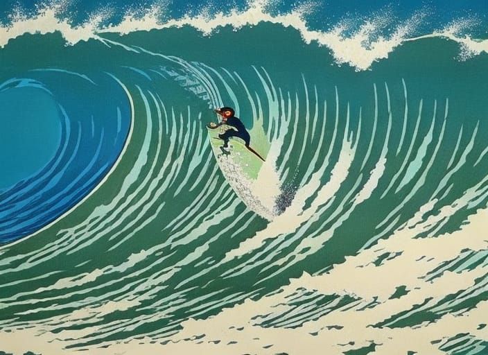 pepe frog surfing a big wave Ukiyo-e Studio Ghibli shin hanga kintsugi ...