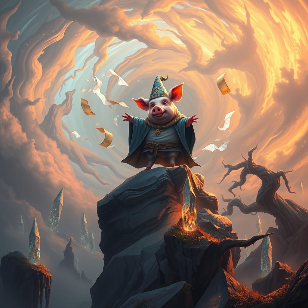 Ethereal Wizard Pig Reigns Over a Dreamlike Crysta... - AI Art