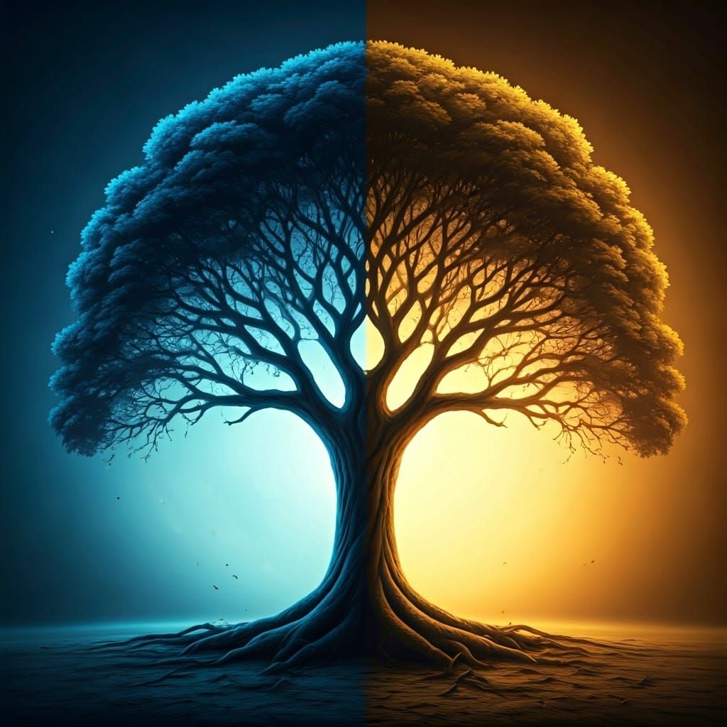 A solitary tree divided into two distinct halves