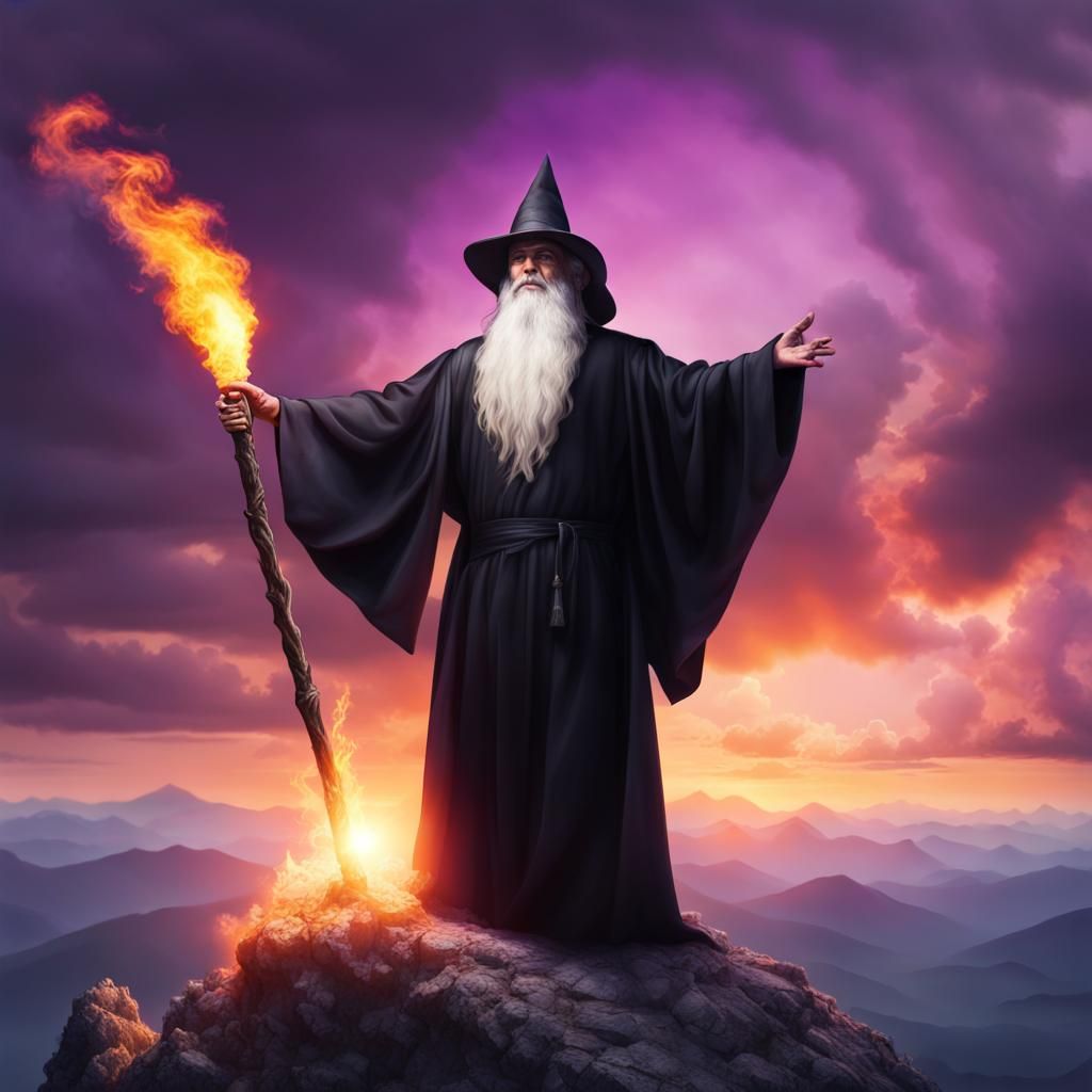 A hyper-realistic great white bearded wizard dressed all in black holds ...