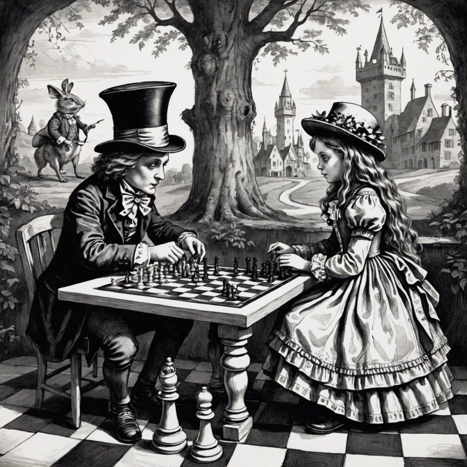 alice is playing chess with the mad hatter on a giant chess board by ...