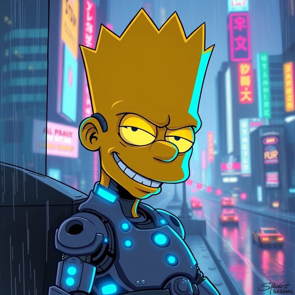 Cyborg Bart Simpson Smirks in Neon-Lit Cityscape - AI Art