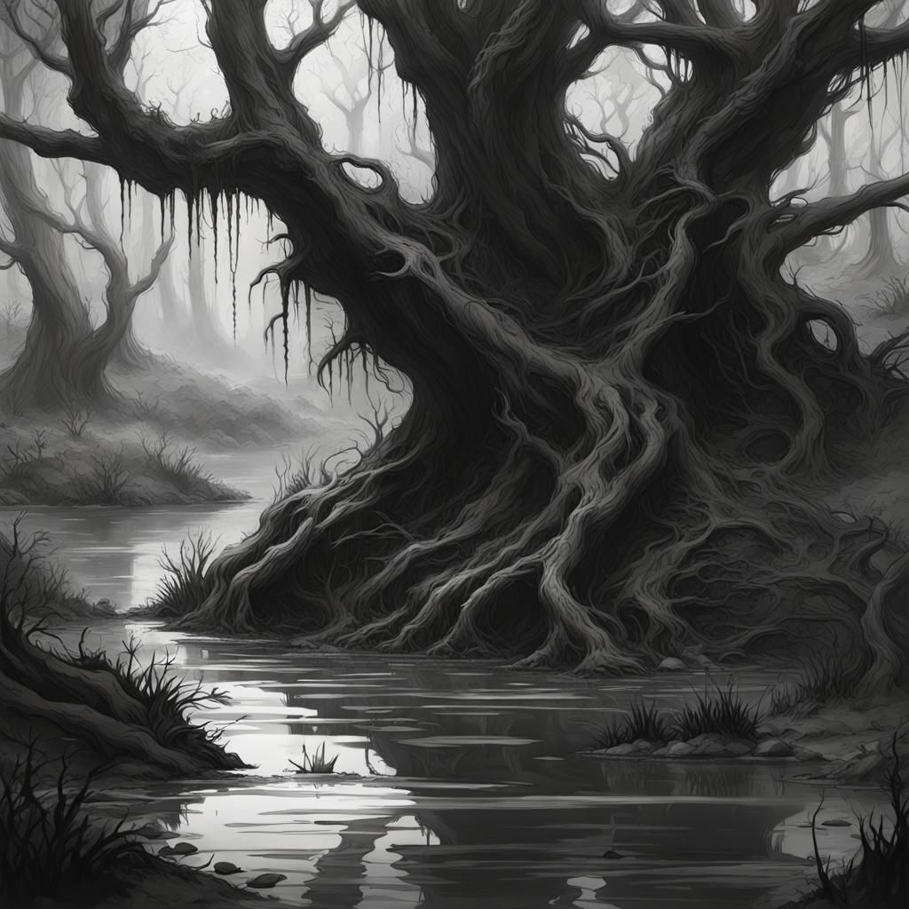 Dark, swamp, bushes, water, twisted trees, details. Black and white ...