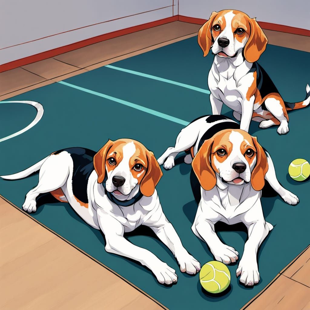 Anime Beagles Relax on Tatami Mat with Tennis Ball - AI Art