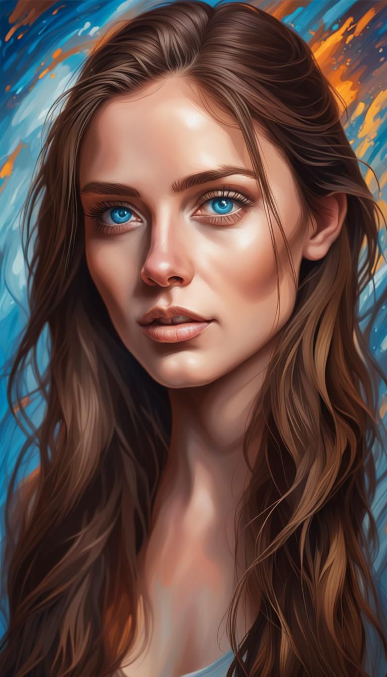 beautiful woman blue eyes long brown hair - AI Generated Artwork - NightCafe Creator