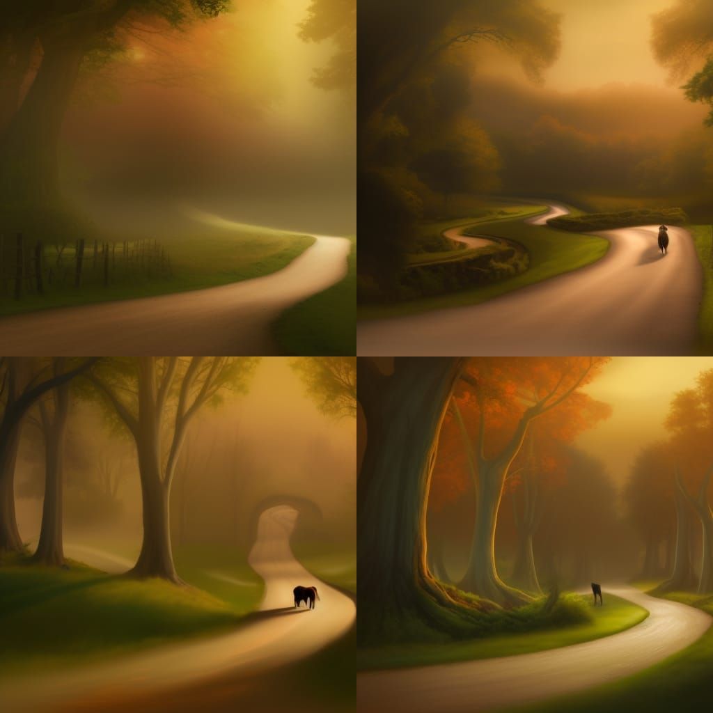 A winding road bed though a forested country farm estate backwoods ...