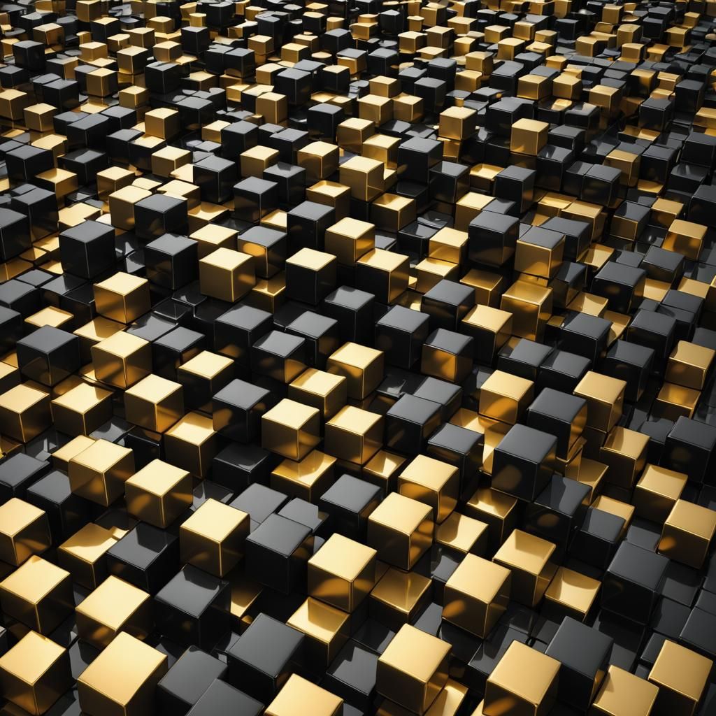 "The Cube" black and gold in an anomalous world, perfect cube shape, realistic, alternate ...