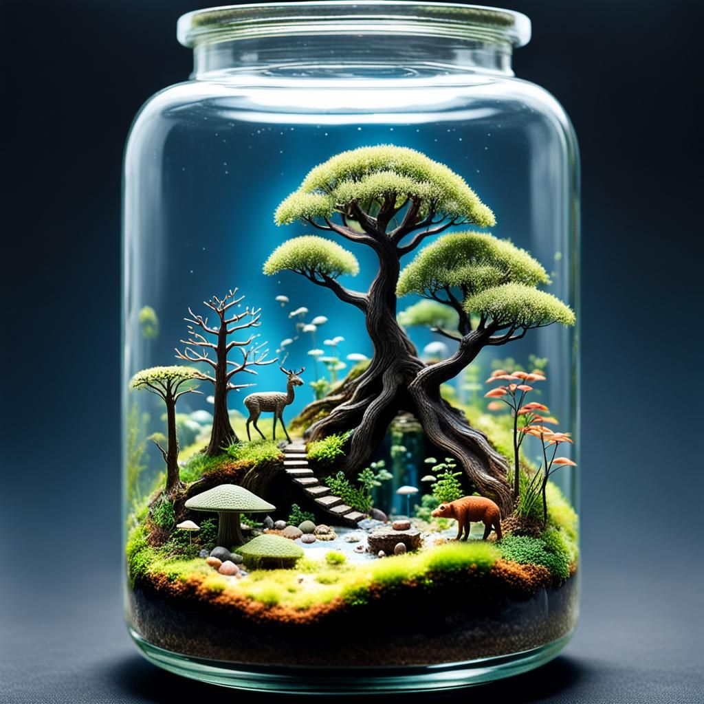 miniature ecosystem within a glass jar, showcasing a tiny, self ...