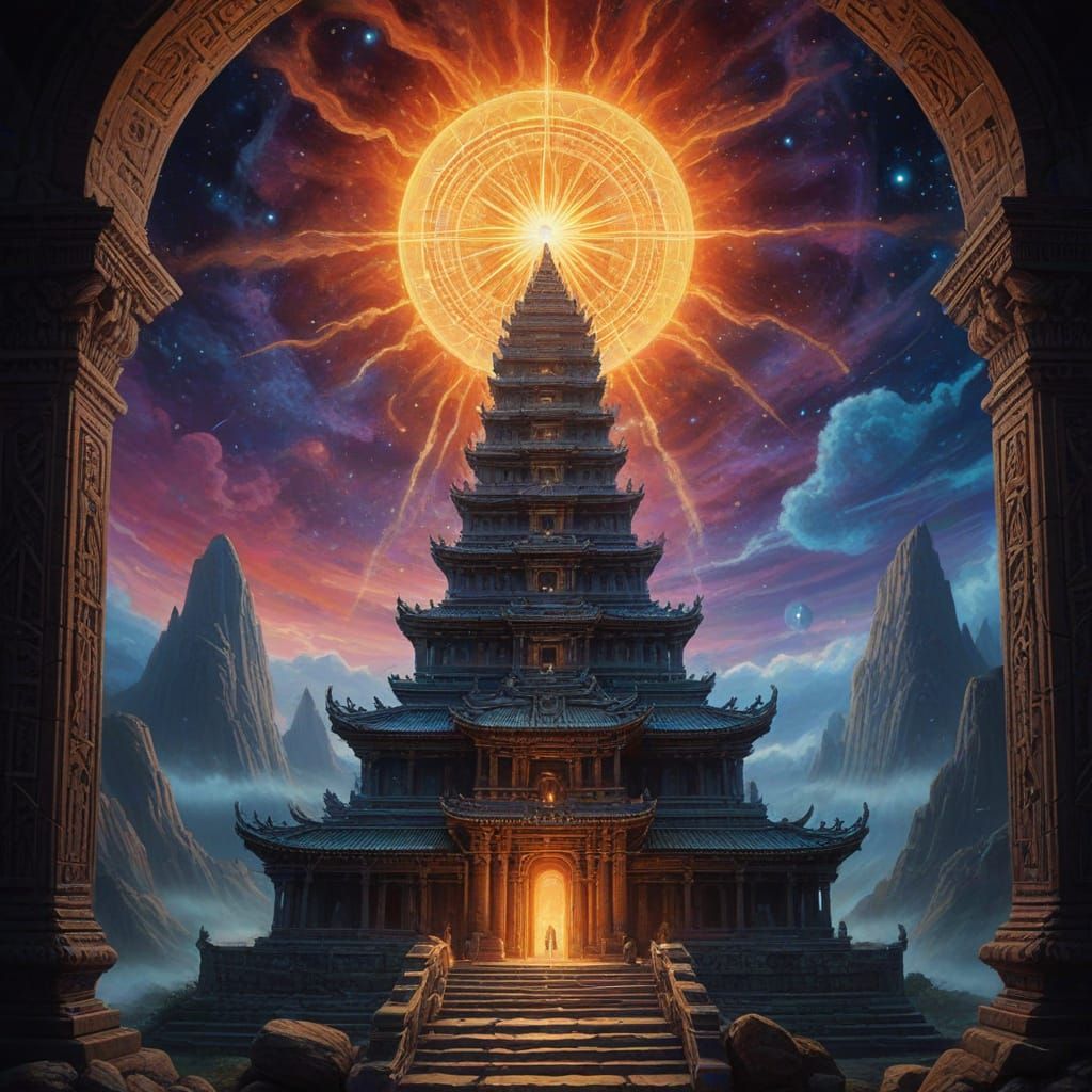Shaolin Temple - Cosmic Monks in Surreal Temple Oil Painting