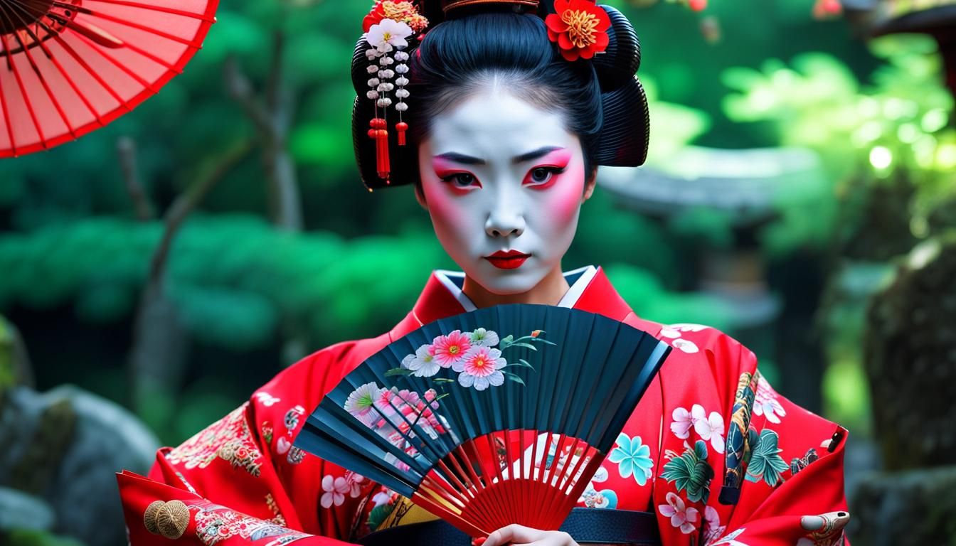 Robot android cyborg woman in Japanese red kimono, Geisha android ...
