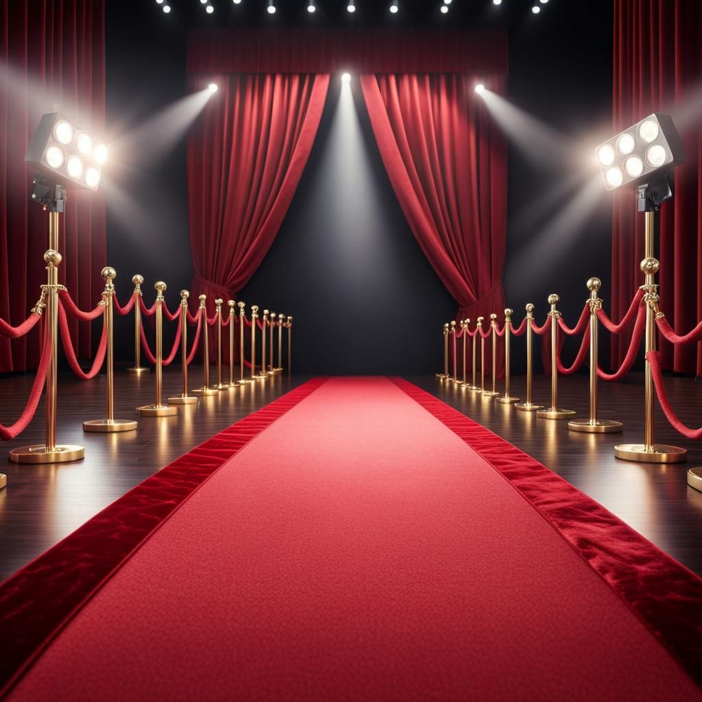 Red carpet with stage lighting and barrier fences with velvet rope ...
