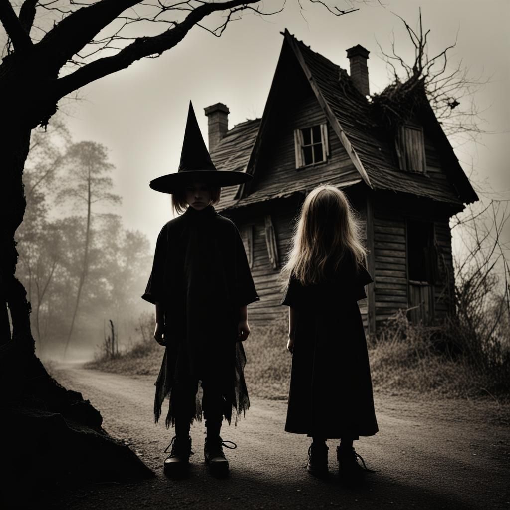 Boy and girl dressed in rags, outside witches house, evil witch waiting ...