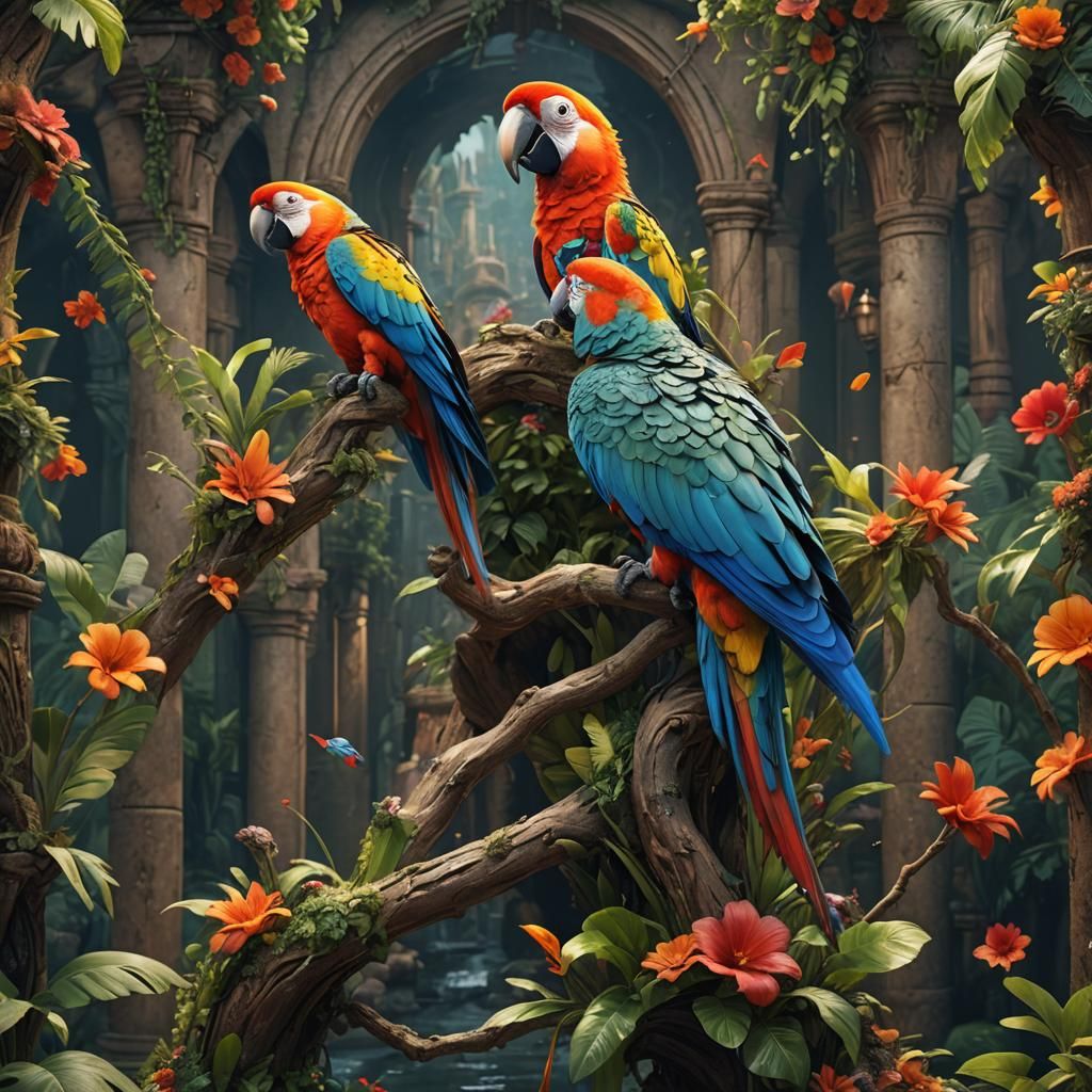Parrots - Whimsical Parrot Fantasy Art