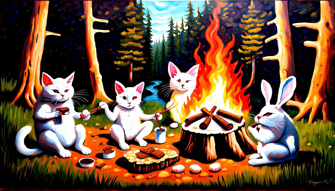 a group of moogle cat creatures with human features , going camping ...