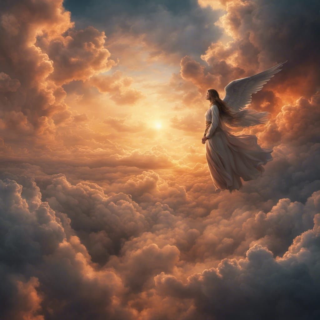 Glorious sunset with an angel descending from majestic clouds - AI ...