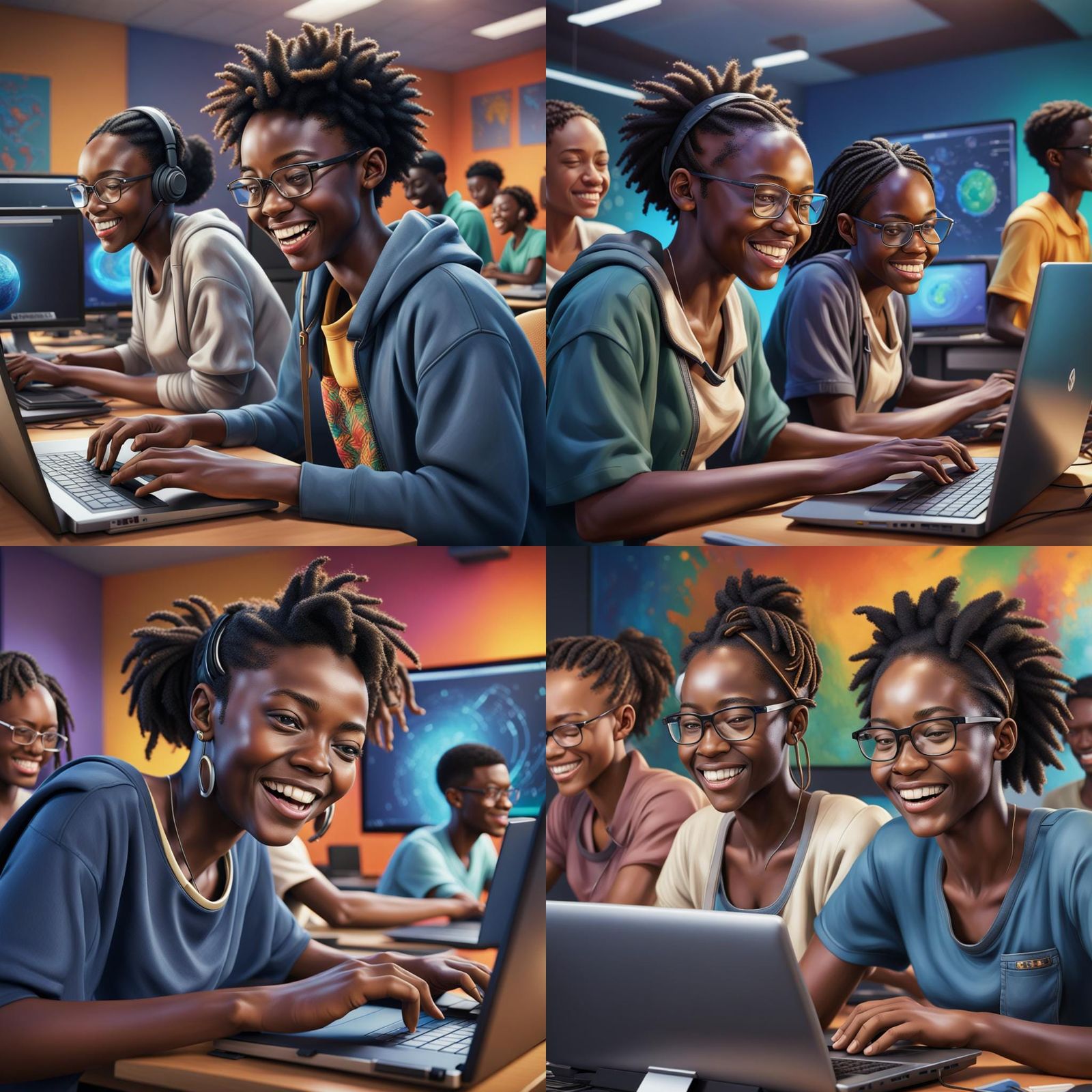 African students in the computer lab happily work on their laptops - AI ...
