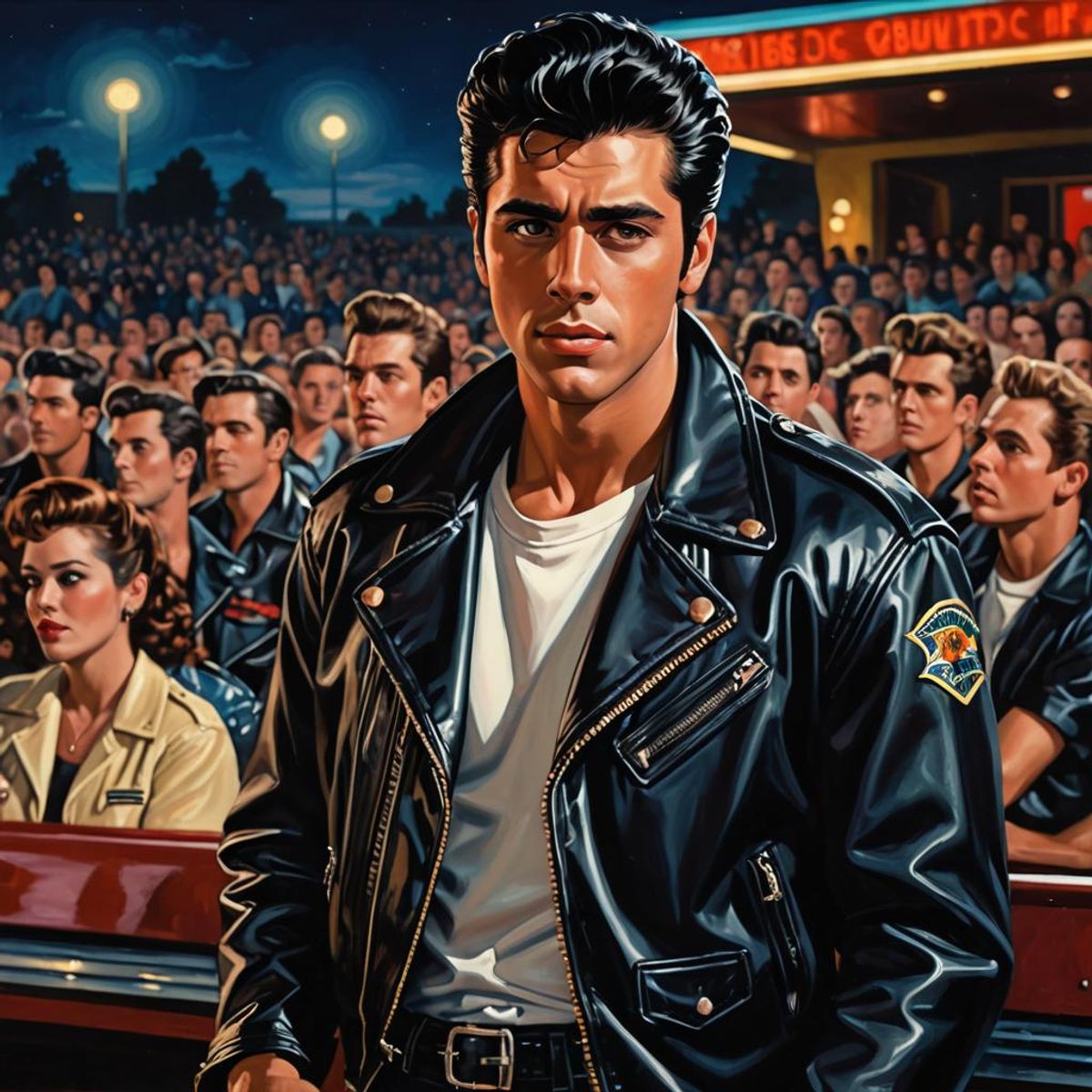 Danny Zuko, leader of the T-Birds, with his leather jacket open ...