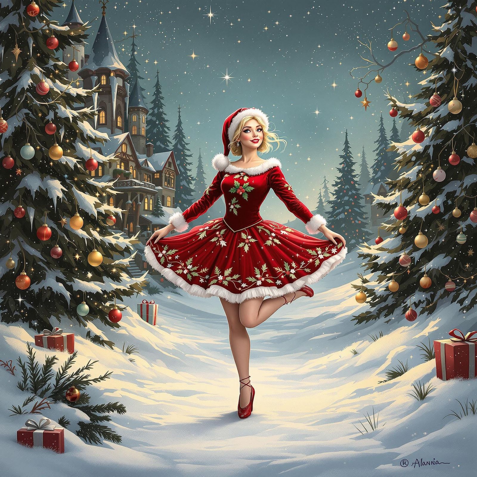 🤶🩰💃 ️🎄Mrs. Claus festive Christmas ballet, Dan Mumford Tim Burton Julia Pott Leonid Afremov ...