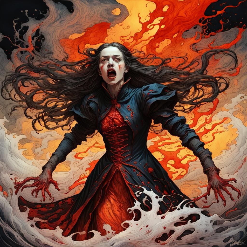 Terrifying shadow female Dracula, long flowing hair with glowing eyes, red orange yellow black ...
