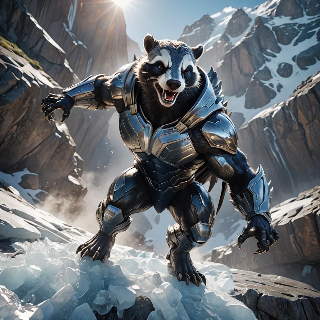 3D superhero movie still close-up portrait, badger-monster on ice ...