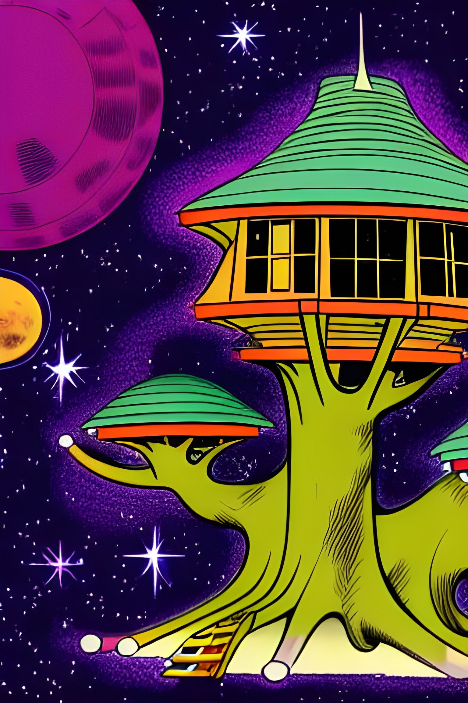 A magnificent treehouse in space drawn by Jack Kirby 4k resolution ...