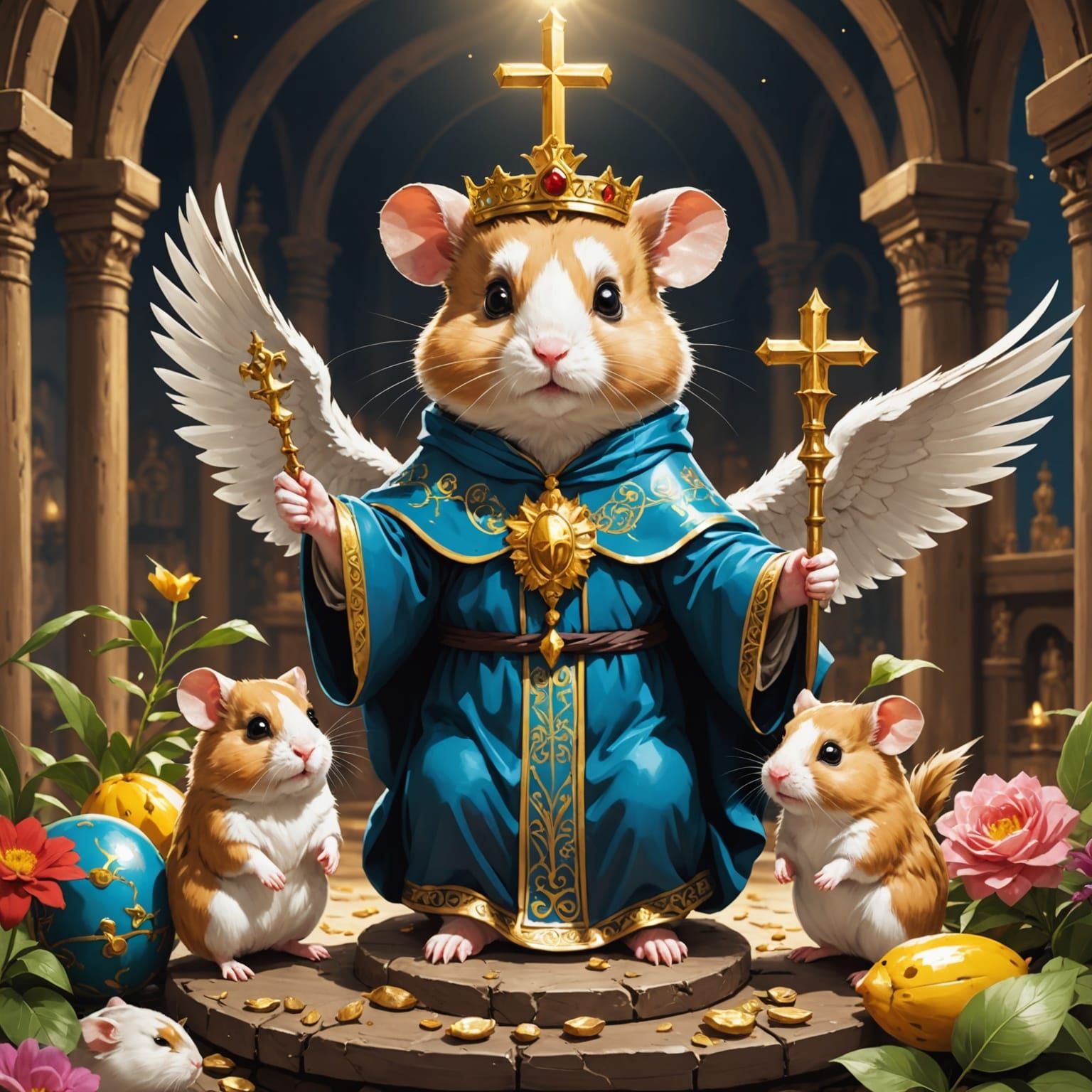 Angel Hamster with Jesus and the Virgin in Vibrant... - AI Art