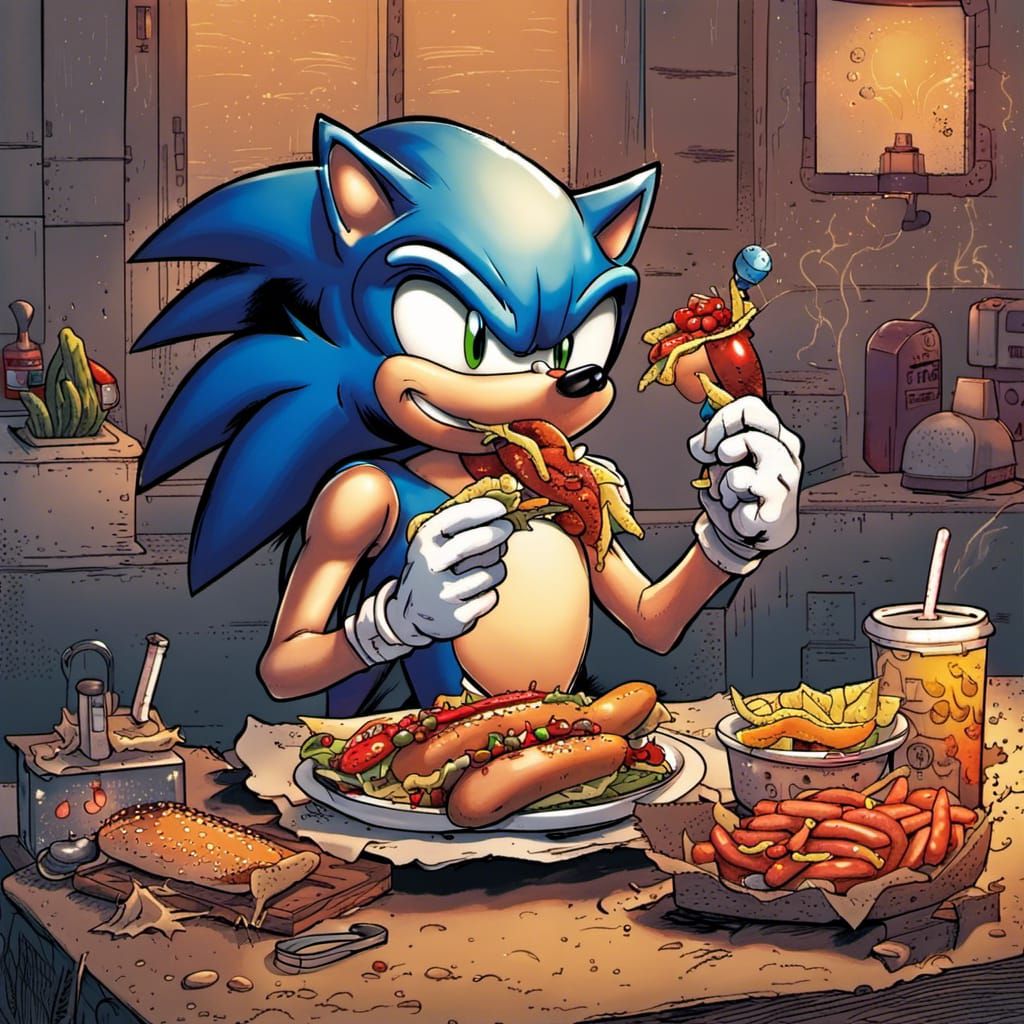Sonic the hedgehog eating a chili dog - AI Generated Artwork - NightCafe Creator