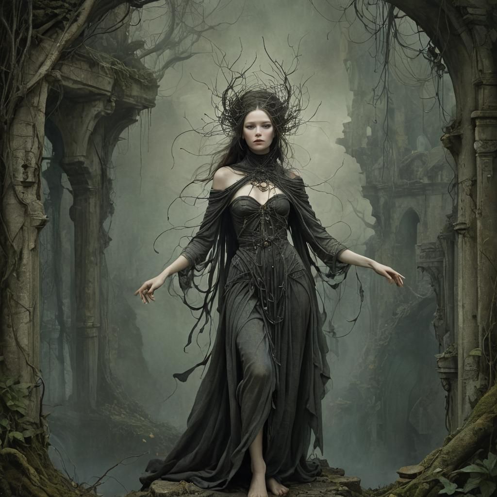 Illustration of a female figure navigating a Squalid Limbo, inspired by ...