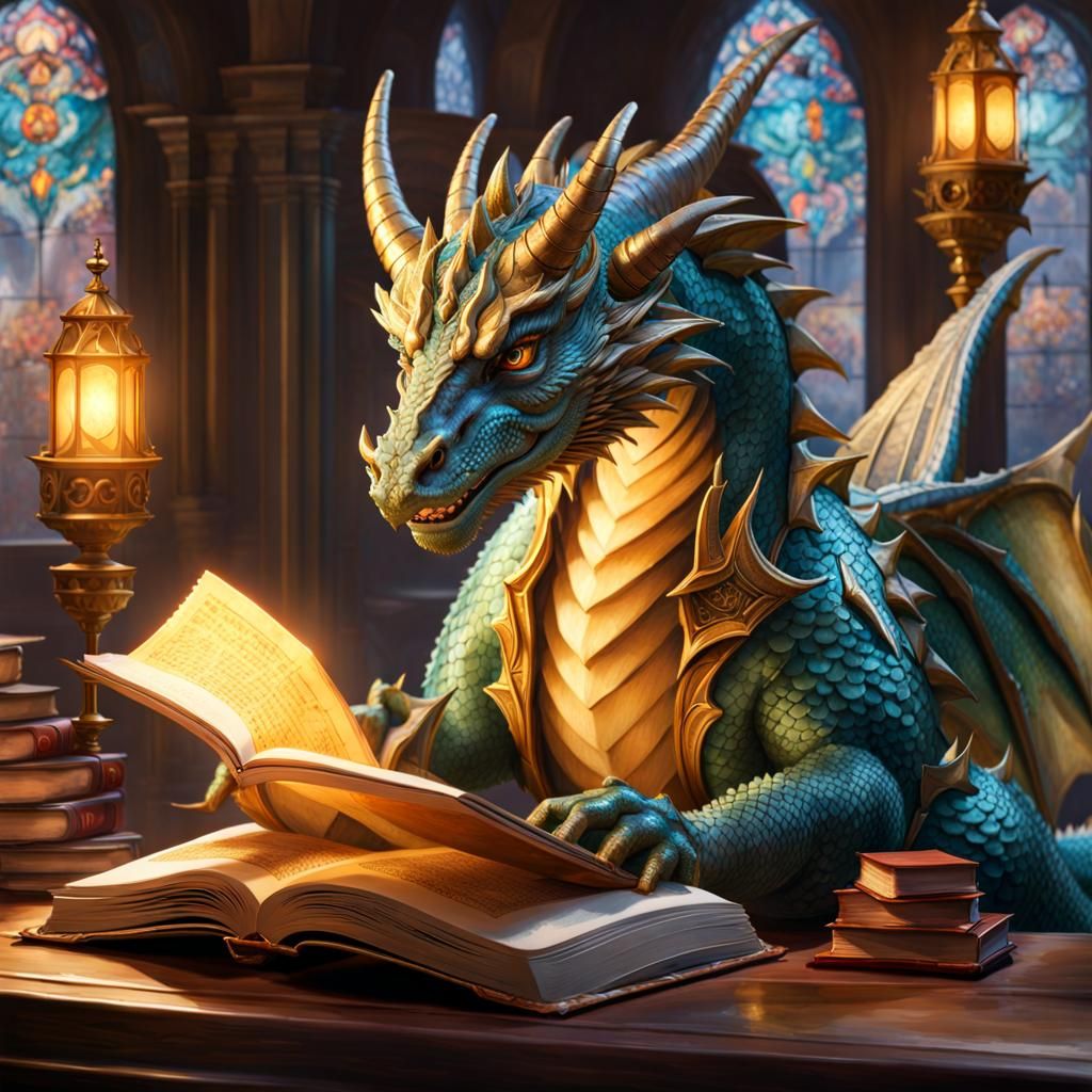 Dragon Reading a Book - AI Generated Artwork - NightCafe Creator