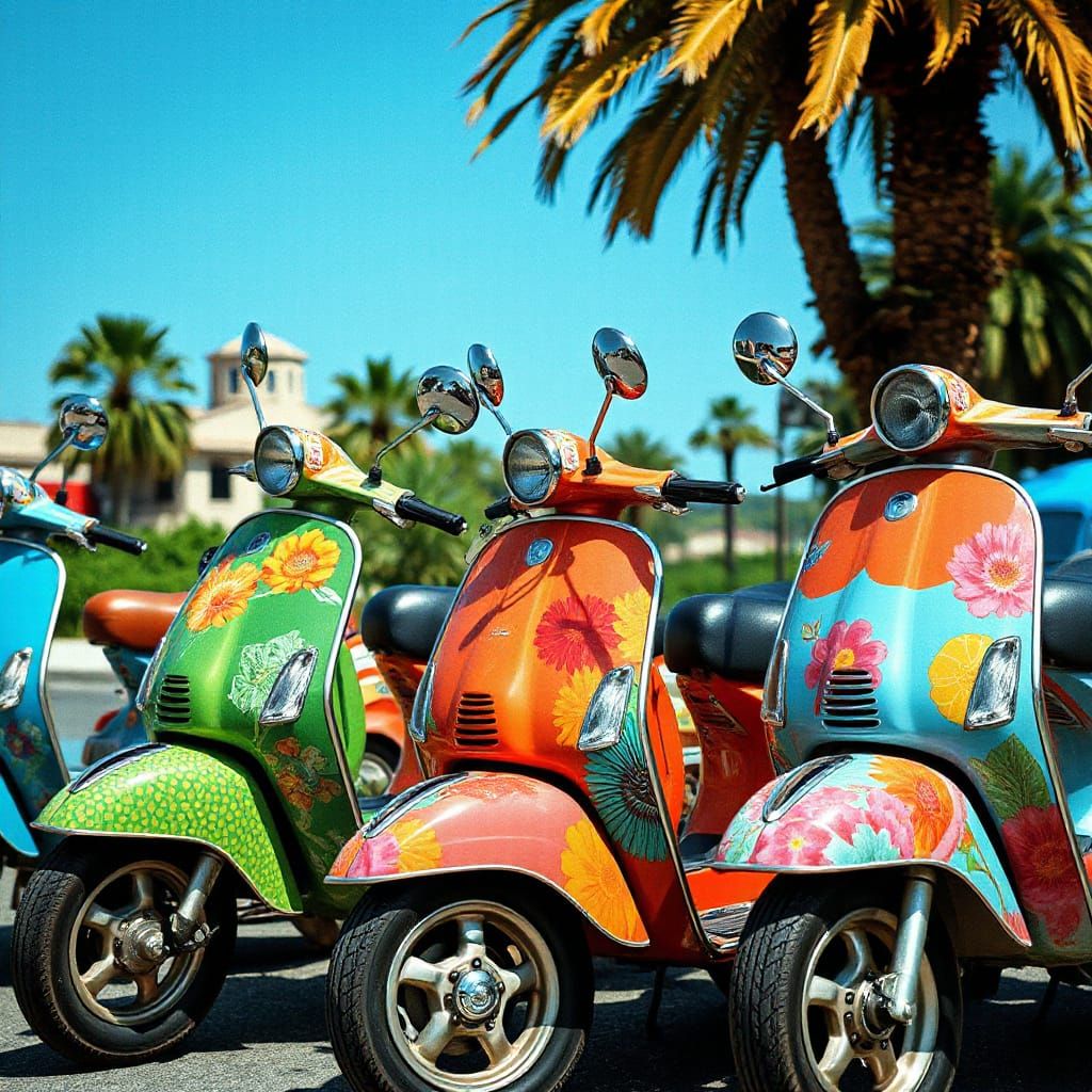 The jam on mod scooters wrapped in "Carnation" artwork