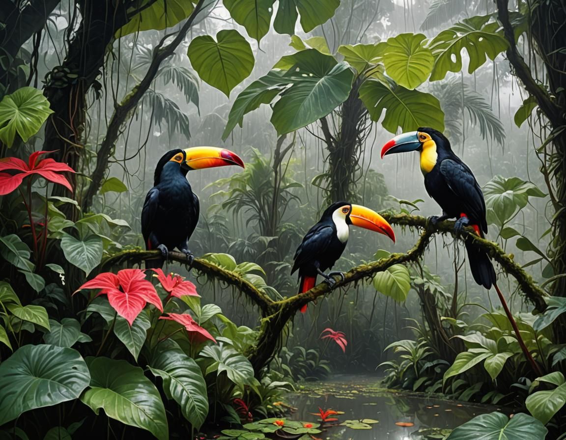 3 toucans in the rainforest - AI Generated Artwork - NightCafe Creator