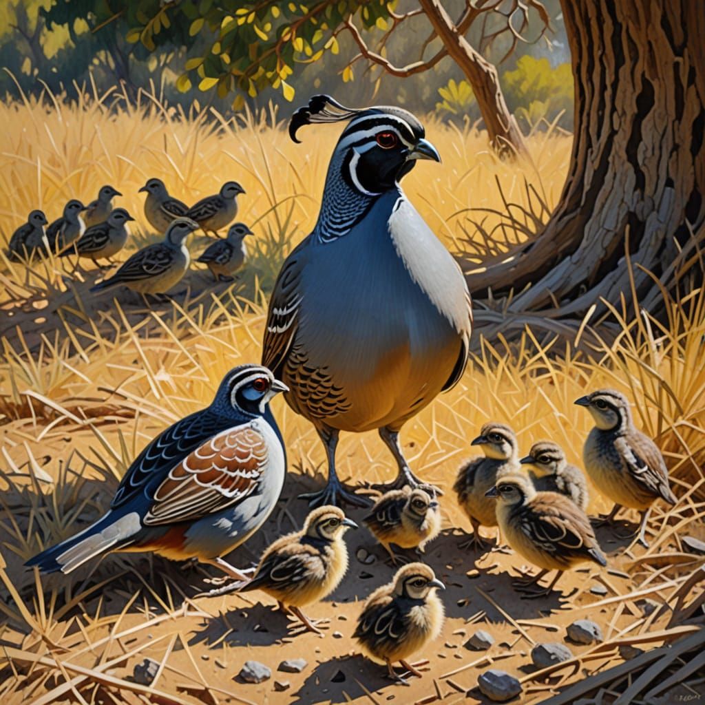 California Quail - California Quail Family Under Golden Oak