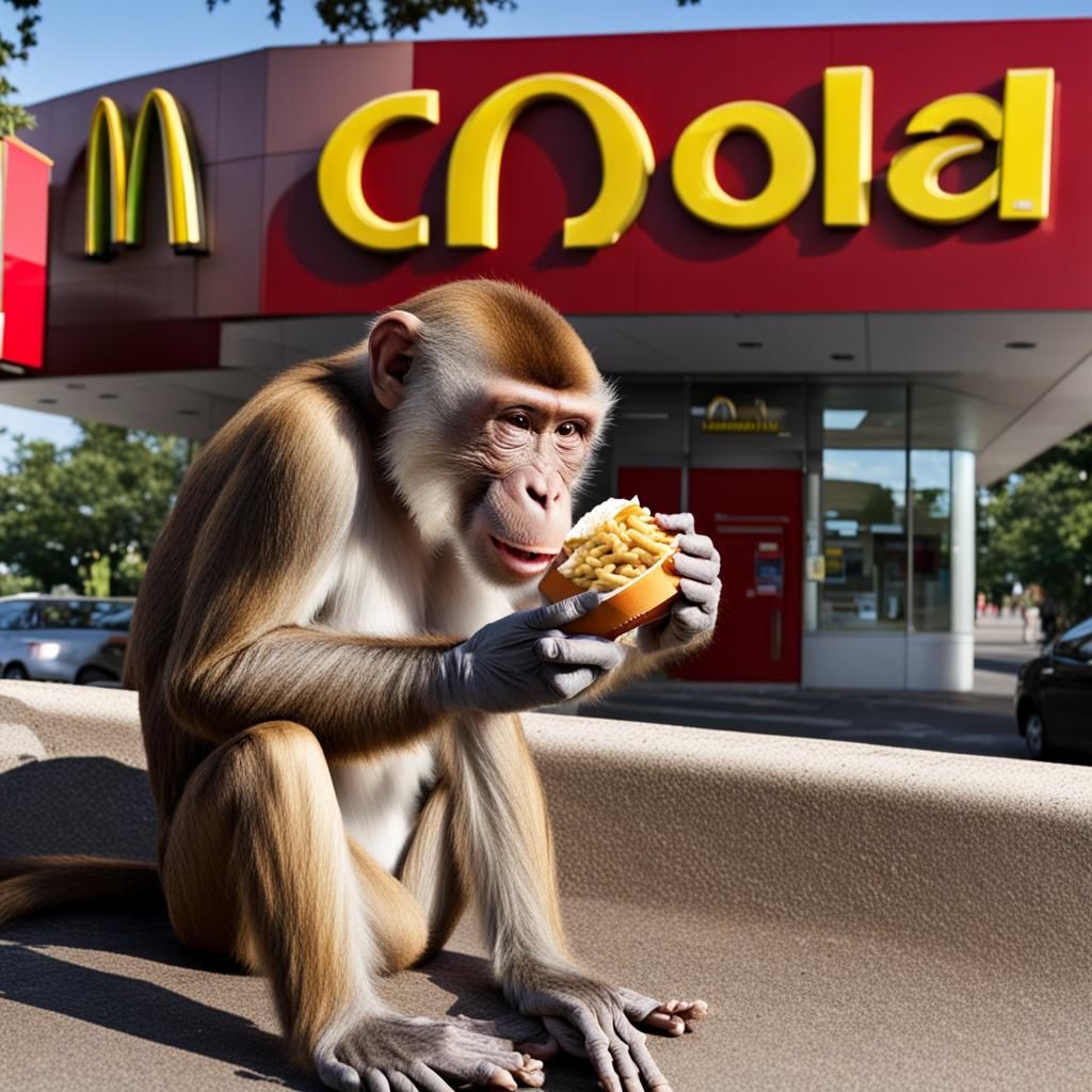 MONKEY EATING BIG MAC OUTSIDE OF MCDONALDS - AI Generated Artwork - NightCafe Creator