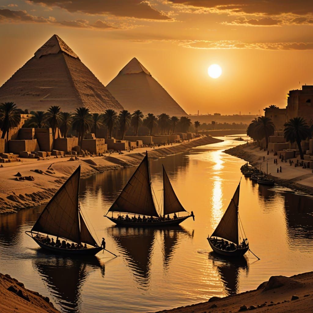 The Nile, its boats transporting blocks of stone and the pyramids in ...