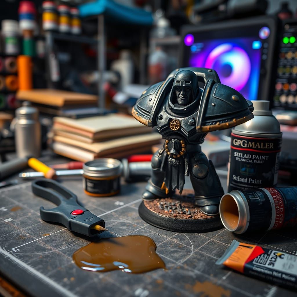 Warhammer 40K Model on Workbench, Grimdark Texture - AI Art
