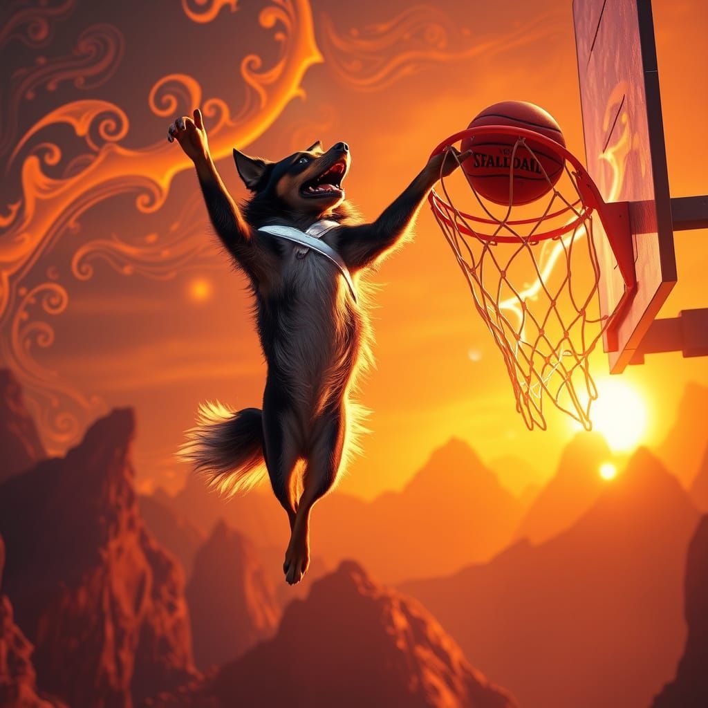 perro jugando bsket ball - Vibrant Perro in Mid-Air Slam Dun...