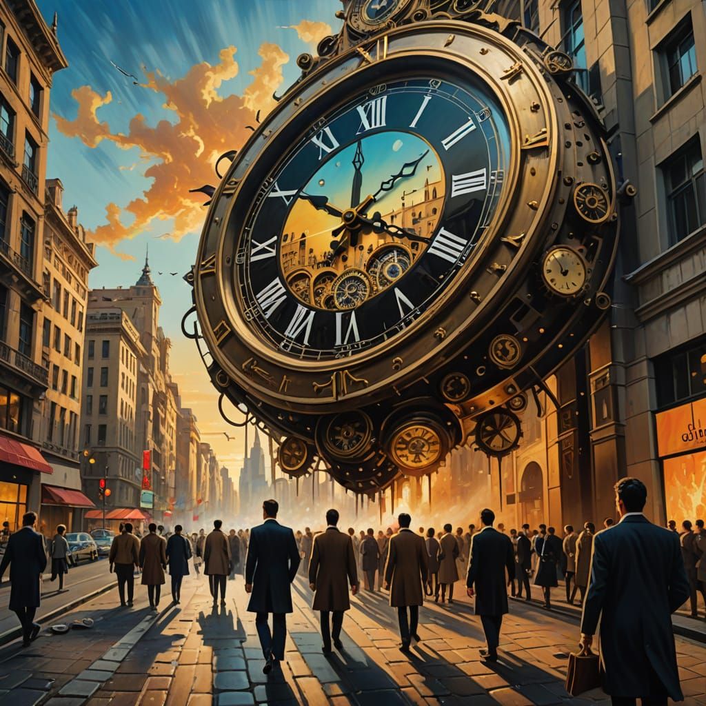 Surreal Cityscape with Clocks Melting Down a Busy ... - AI Art