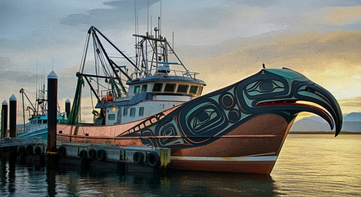 Alaskan gill netting boat, adorned with Haida art
