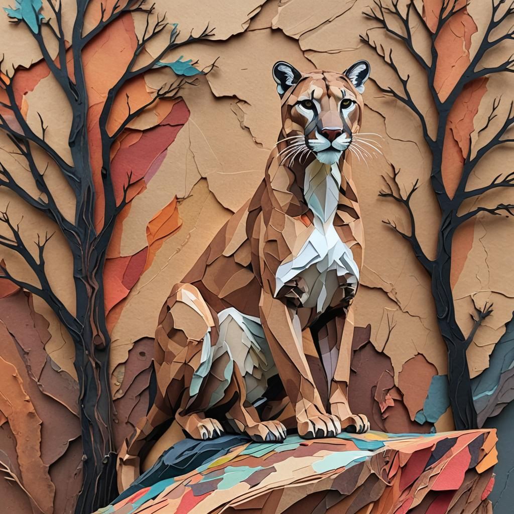 Kinga mi Paper art, layered, colorful Cougar on a cliff with a dry tree ...