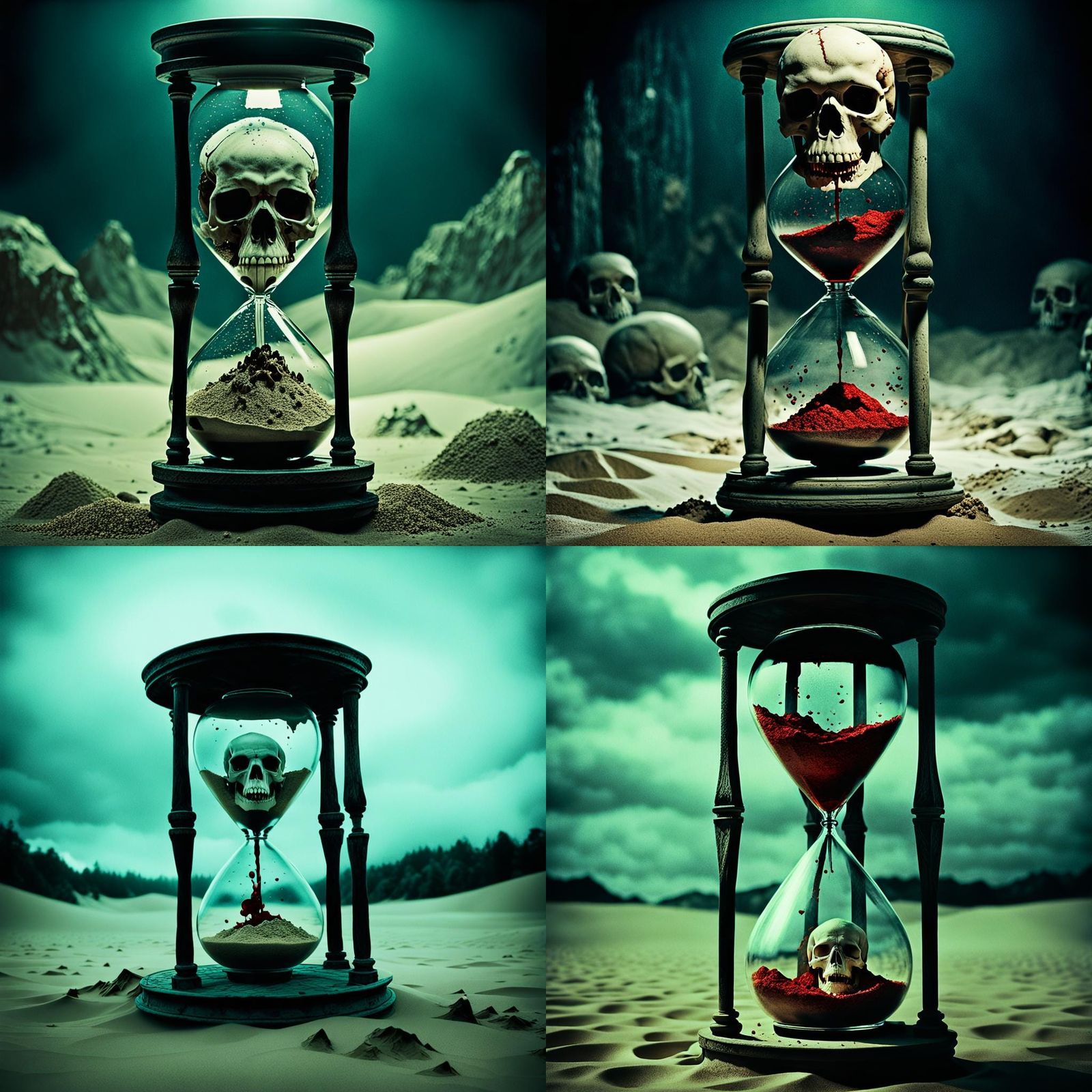 Gothic hourglass with a skull inside it. Blood instead of sand falls ...