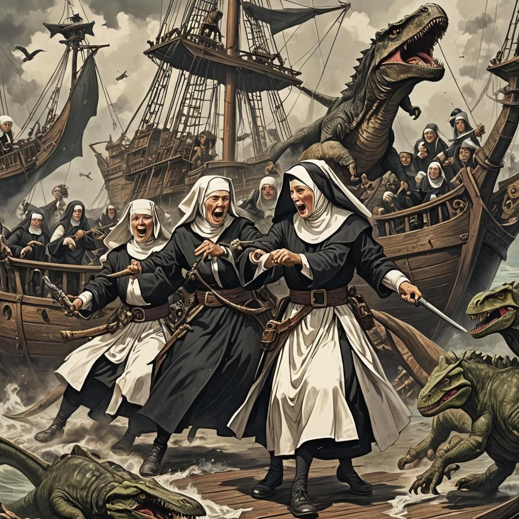 Nuns vs dinosaurs. Pirate edition - AI Generated Artwork - NightCafe ...