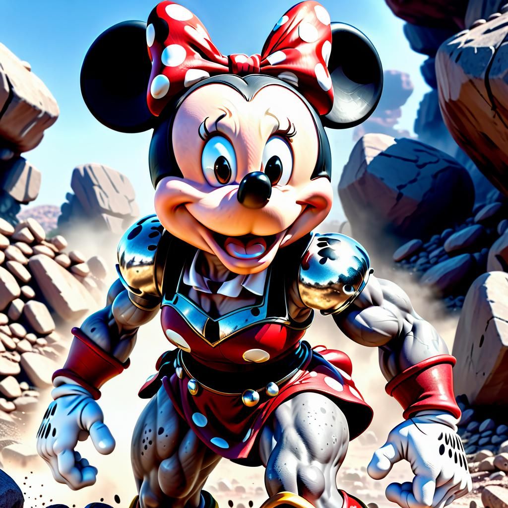 Realistic photo, [She Minnie Mouse render] with extreme muscular body ...