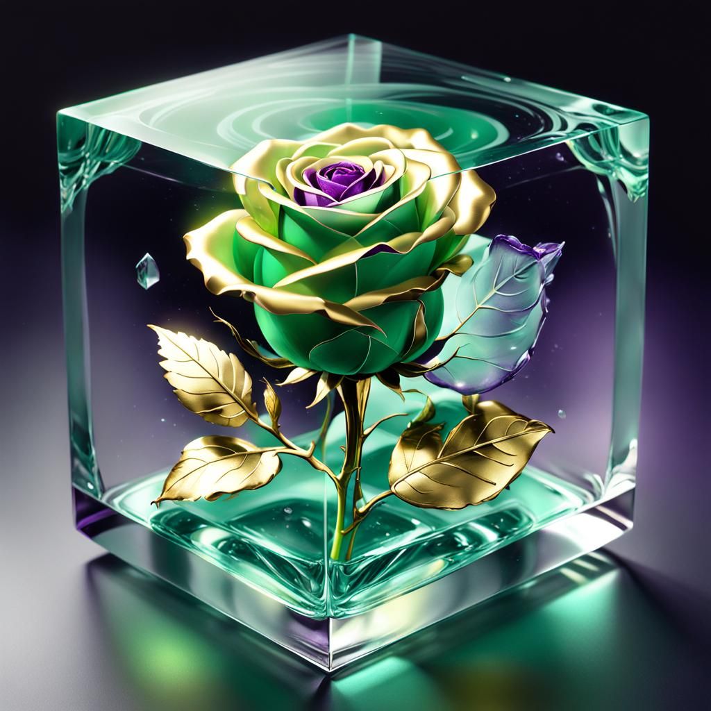 Vibrant Light Green Glass Cube with Blooming Purpl... - AI Art