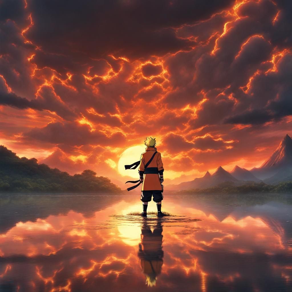 naruto in the middle of a lake sunset fire sky is stormy - AI Generated ...