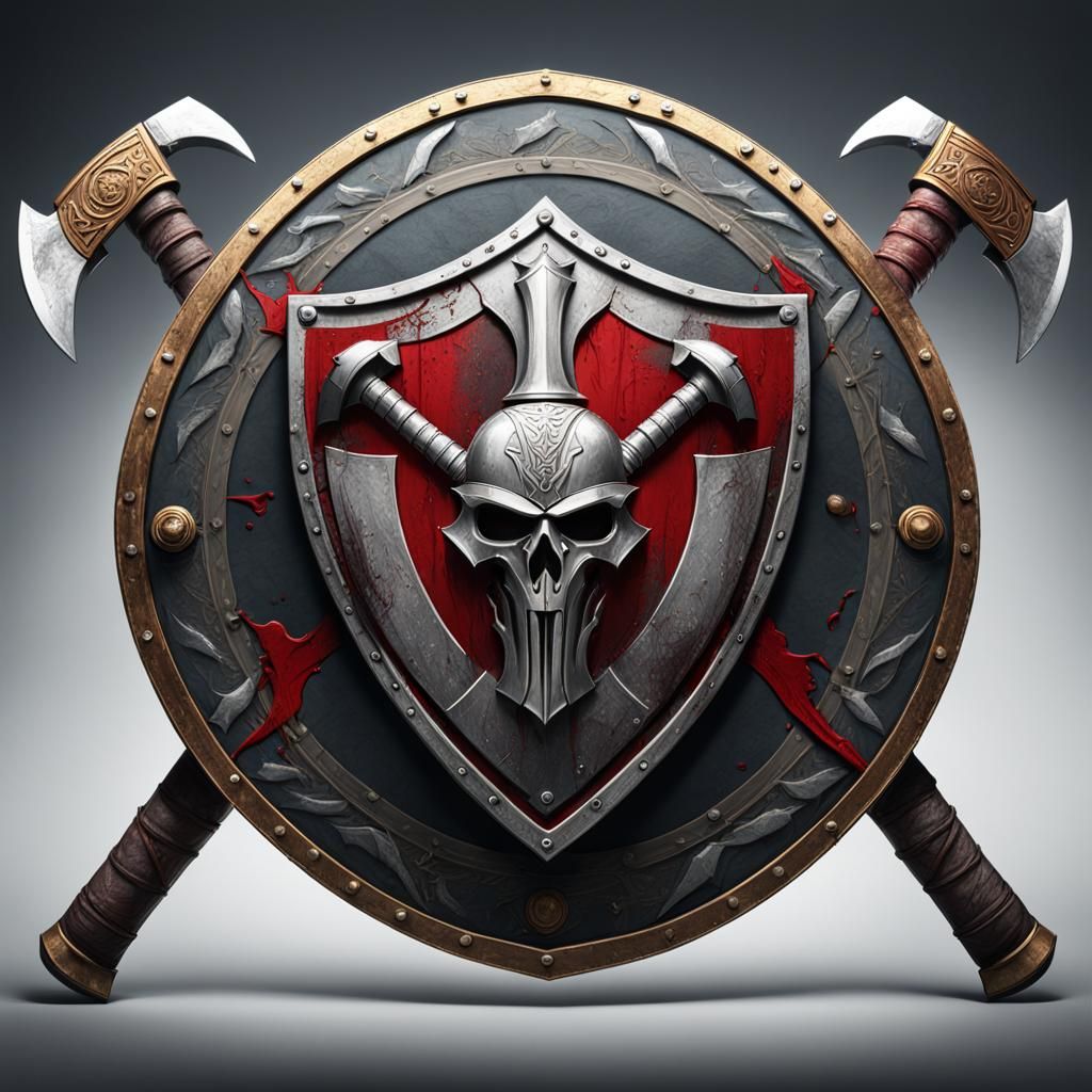 A shield logo with two big bloody double-edged axes behind the shield ...