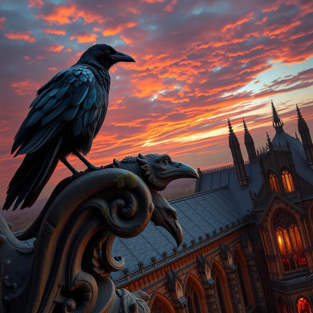 A solitary raven perched atop a weathered gargoyle, overlooking a ...